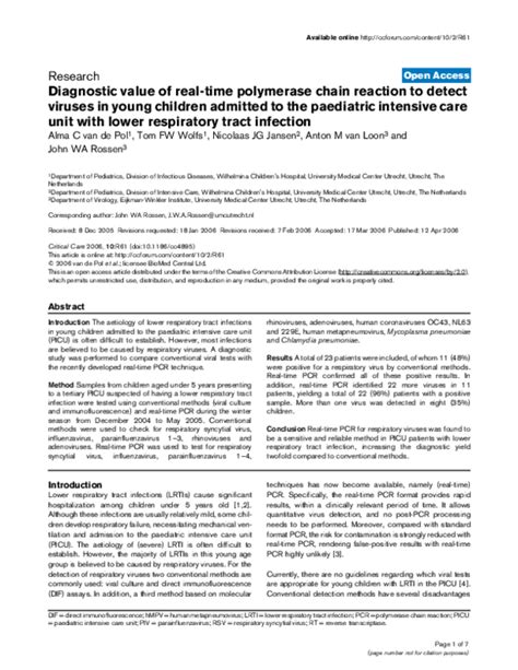 Pdf Diagnostic Value Of Real Time Polymerase Chain Reaction To Detect Viruses In Young