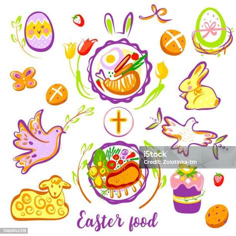 부활절 음식 디자인 요소입니다 축 하 종교 휴일 메뉴 판 재료 액세서리를 스케치 합니다 벡터 일러스트 레이 션 건강한 생활방식에 대한 스톡 벡터 아트 및 기타 이미지
