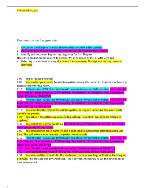 Summary MS Nursing Clinical Week VSIM V Sim Carl Shapiro Documentation And Guided