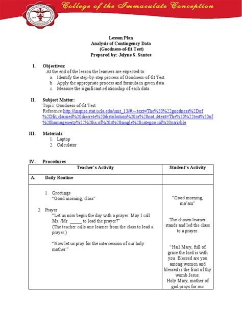 Lesson Plan Analysis Of Contingency Data Pdf Goodness Of Fit