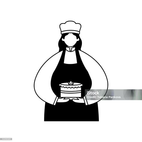 손에 케이크를 들고 제복을 입은 패스트리 셰프의 벡터 일러스트레이션 직업 라인 아트 달콤한 음식에 대한 스톡 벡터 아트 및 기타