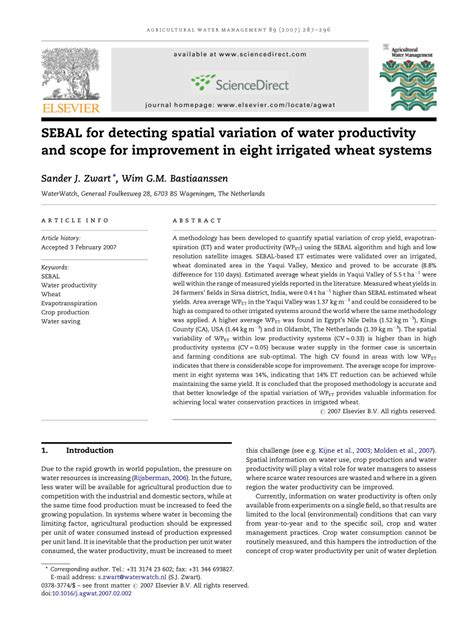 Pdf Sebal For Detecting Spatial Variation Of Water Productivity And Scope For Improvement In
