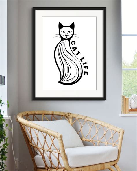 Majestic Black And White Cat Poster Art Print Abstract Art Etsy