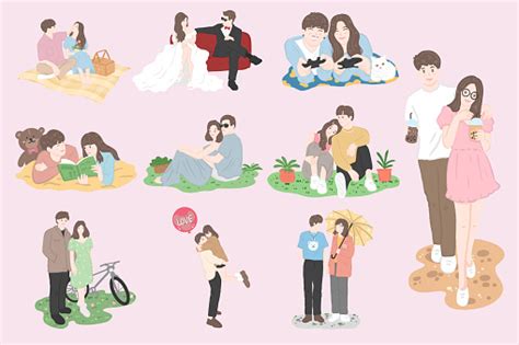 사랑에 빠진 행복한 사랑의 커플 컬렉션 일러스트레이션 발렌타인 축하 귀여운에 대한 스톡 벡터 아트 및 기타 이미지 귀여운
