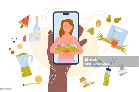 건강한 생활 습관과 영양을 위한 모바일 앱 행복한 소녀와 함께 손을 잡고 전화 Brand Name Smart Phone에 대한 스톡 벡터 아트 및 기타 이미지 Brand