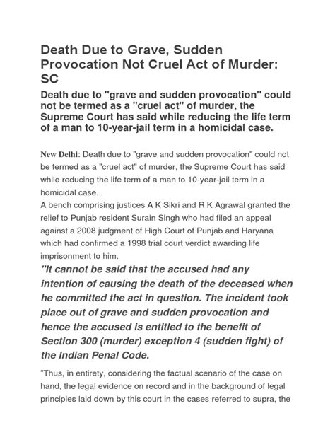 Death Due To Grave Sudden Provocation Not Cruel Act Of Murder Sc