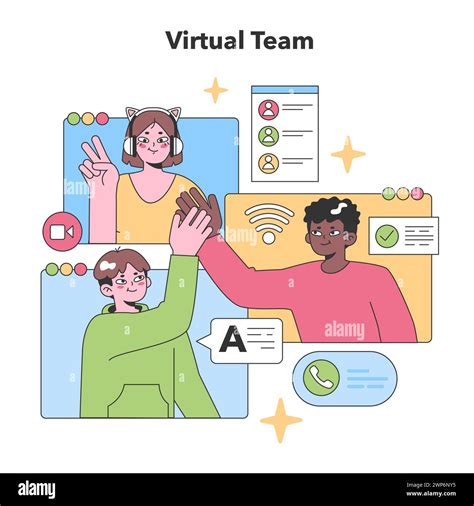 Colorful Illustration Capturing A Diverse Virtual Team Engaging Through Online Platforms
