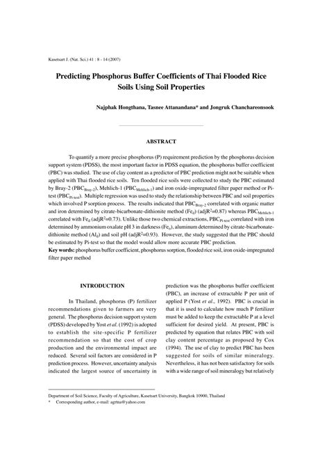 Pdf Predicting Phosphorus Buffer Coefficients Of Thai Flooded Rice