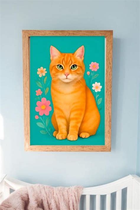 Orange Tabby Cat Wall Art Digital Download Floral Cat Print Whimsical Animal Art Cute Cat