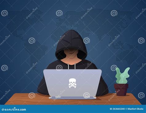 Hacker Hacking On Laptop Man In Disguise Illustration Stock Vector