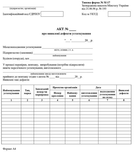 Акт про виявлені дефекти устаткування ф № М 17 Нормативні документи від Vobu