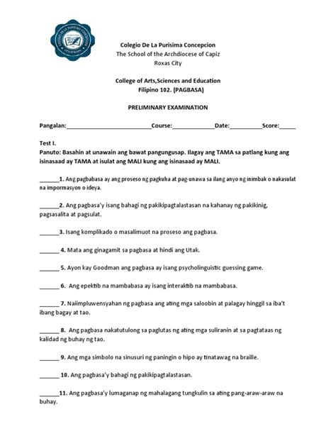 Test Paper Filipino Subject Pdf