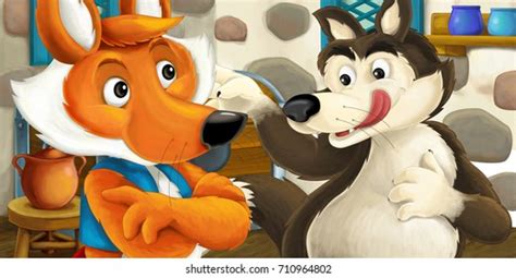 Cartoon Scene Fox Wolf Eating Food Stock Illustration 710964802 Shutterstock