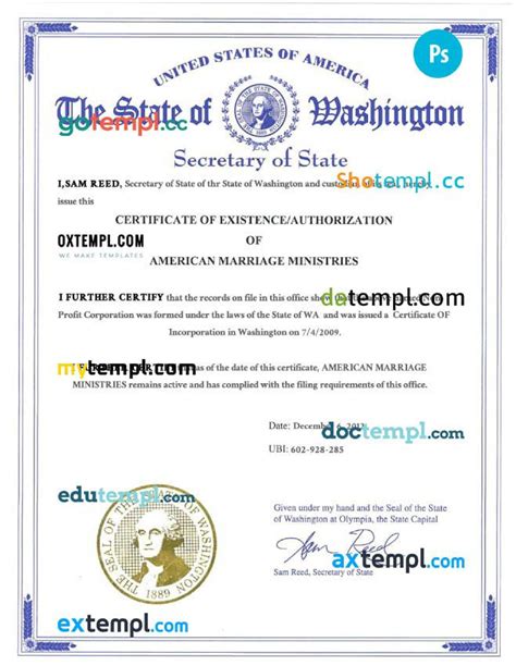 Usa Washington State Marriage Certificate Template In Psd Format By