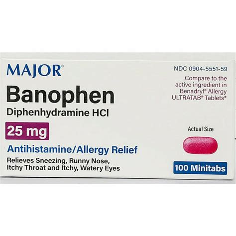 Banophen Diphenhydramine 25 Mg 100 Minitabs By Major 1 Or 3 Pack