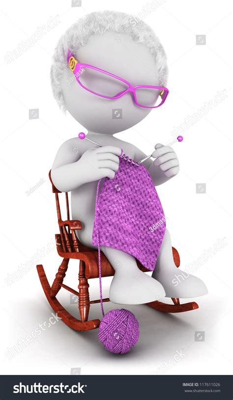 3d White People Old Woman Knits On A Rocking Chair Isolated White
