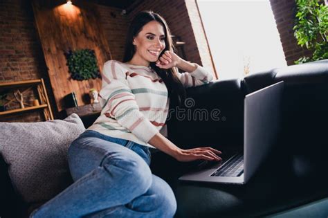 Photo Of Pretty Dreamy Lady Dressed Striped Sweater Texting Instagram