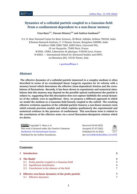 Pdf Dynamics Of A Colloidal Particle Coupled To A Gaussian Field
