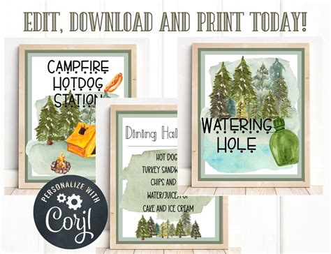 Editable Camping Theme Signs Camping Party Signs Birthday Decor