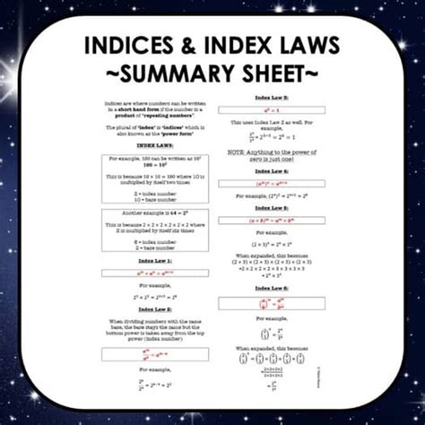Index Laws Summary Sheet By Tillip Tpt