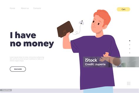나는 돈이 없다 랜딩 페이지 템플릿과 우울한 가난한 남자 캐릭터 재정 문제 경제에 대한 스톡 벡터 아트 및 기타 이미지 경제 금융 기업가 Istock