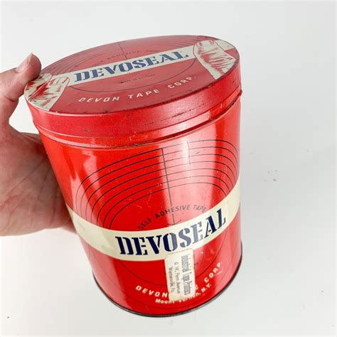 Vintage Tape Advertising Tin Devoseal Devon Tape Corp England Patriotic Display Red