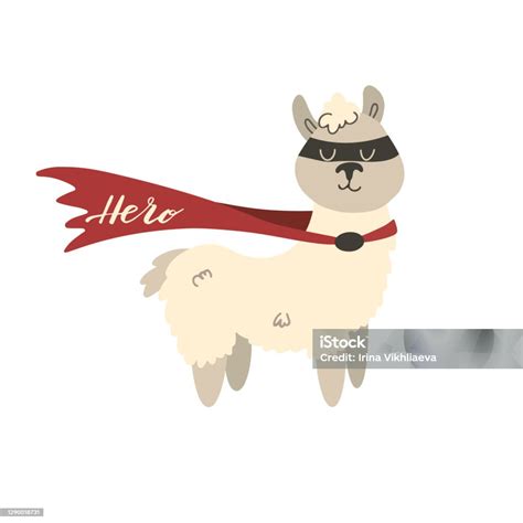 슈퍼 히어로 의상을 입은 알파카 어린이 옷 인테리어 디자인 포장 스티커에 인쇄를위한 만화 손으로 그린 스타일로 벡터 어린이의