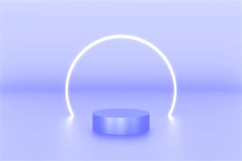 제품 배경 단계 또는 연단을 위한 3d 플랫폼 파란 색깔 및 반지 네온 백색 색깔을 가진 빈 전시 플랫폼 3d 일러스트레이션