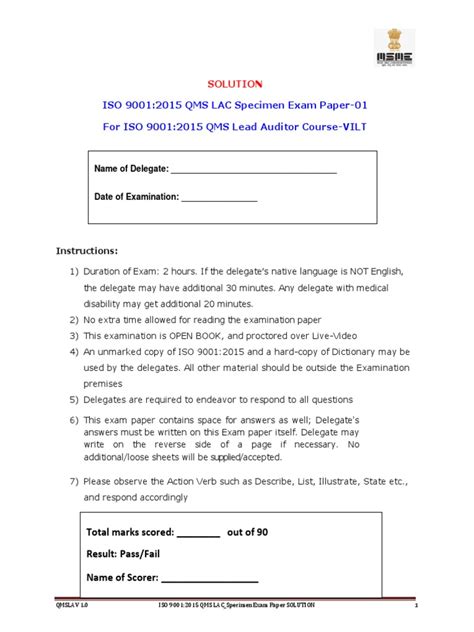 09 Solution Specimen Exam Paper Iso 9001 Qms Latc V 10 Pdf