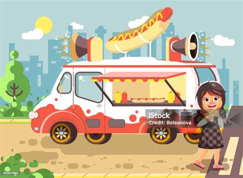 벡터 일러스트 레이 션 만화 캐릭터 아이 학생 외로운 여 자가 모범생 자동차 바퀴 도시 거리 음식에 식사에서에서 소시지 핫도그 샌드위치 패스트푸드 학교 간식 평면 스타일 4
