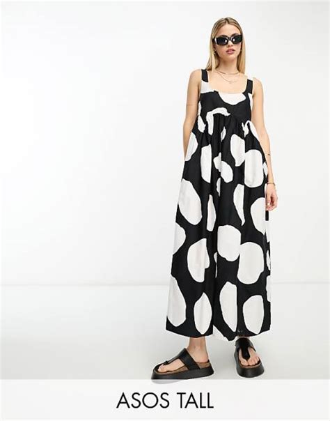 Asos Design Tall Square Neck Midi Smock Sundress In Large Mono Abstract