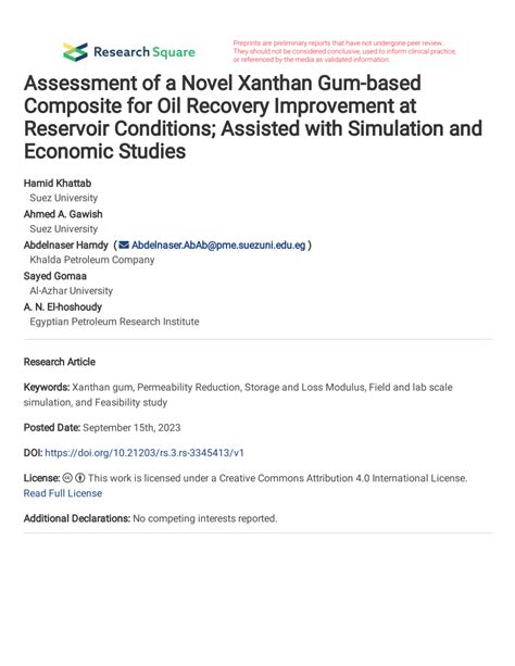 Pdf Assessment Of A Novel Xanthan Gum Based Composite For Oil Recovery Improvement At