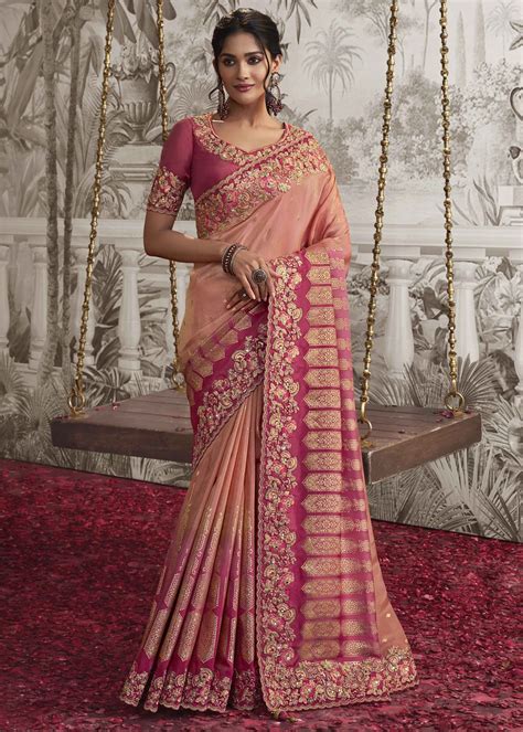 Peachy Pink Embroidered Silk Saree Urban Womania