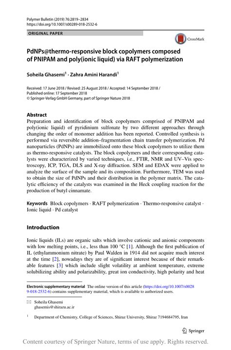Pdnpsthermo Responsive Block Copolymers Composed Of Pnipam And Polyionic Liquid Via Raft