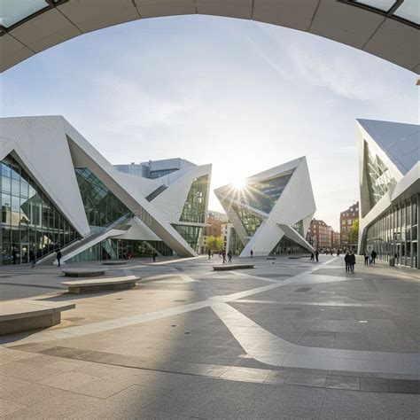 Modern Architectural Plaza With Striking Angular Buildings Featuring