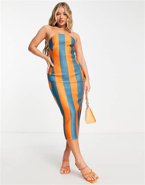 Asos Design Trägerloses Figurbetonendes Midikleid In Blau Und Orange