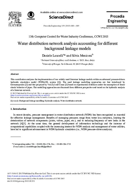 Pdf Water Distribution Network Analysis Accounting For Different Background Leakage Models