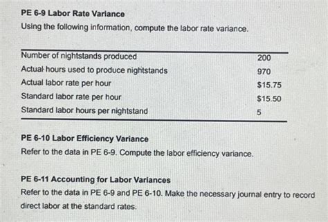 solved pe 6 9 labor rate variance using the following