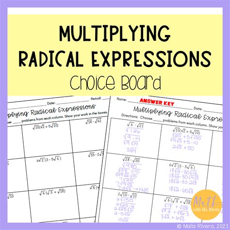 Multiplying Radical Expressions Worksheet Choice Board For Algebra 1 Maila Rivera Tpt For