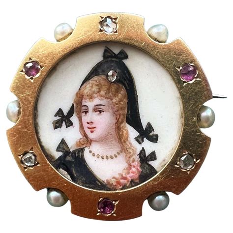 Victorian Era 18k Gold Miniature Portrait Brooch With Rubies Diamonds