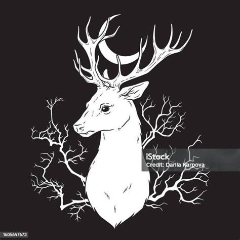 초승달 라인 아트와 도트 아트 프린트 디자인 벡터 일러스트레이션으로 숲에서 손으로 그린 사슴 머리에 대한 스톡 벡터 아트 및