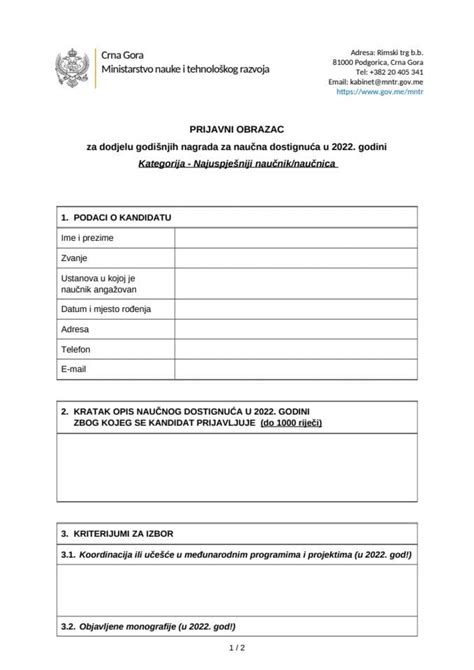 Prijavni Obrazac Najuspjesniji Naucnik