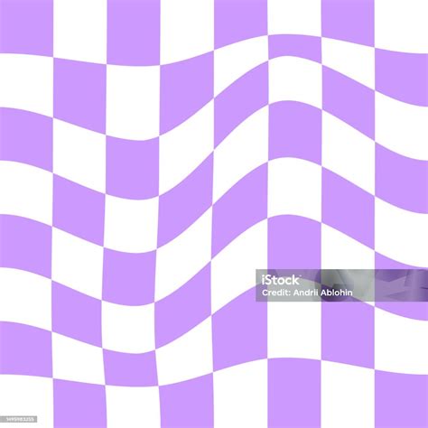 Y2k 스타일의 왜곡된 체스 보드 배경 체크 무늬 착시 현상 뒤틀린 보라색과 흰색 사각형이 있는 사이키델릭 패턴 격자 무늬 질감 트리피 바둑판 표면 0명에 대한 스톡 벡터