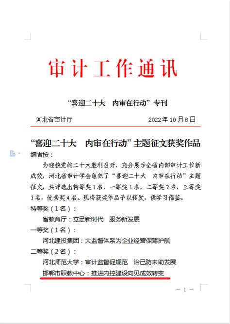 我校在河北省审计厅组织的“喜迎二十大 内审在行动”论文评选中荣获全省二等奖 邯郸市职教中心