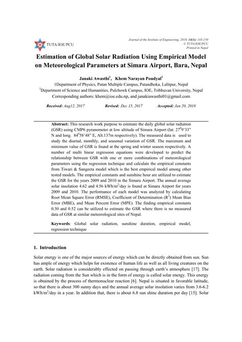 Pdf Estimation Of Global Solar Radiation Using Empirical Model On Meteorological Parameters At