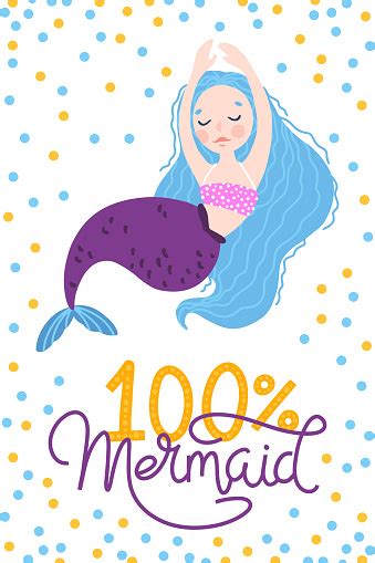 가리 레터링 카드 100 인어 흰색 배경에 고립 된 물고기 꼬리와 귀여운 유치한 소녀 캐릭터 간단한 만화 스타일의 벡터 손으로 그린 그림 다채로운 팔레트 0명에 대한 스톡
