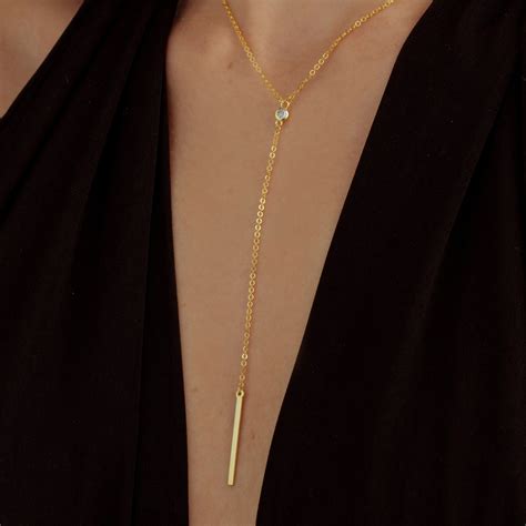 14k Solid Gold Birthstone Y Necklace Dainty Lariat Necklace Lariat