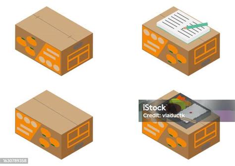 아이소메트릭 오렌지를 위한 골판지 상자의 다양한 일러스트레이션 세트 3차원 형태에 대한 스톡 벡터 아트 및 기타 이미지 3차원 형태 감귤 감귤류 과일 Istock