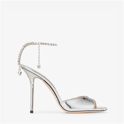 Saeda Sandal 100 Silver Liquid Metal Sandals With Crystal Chain New