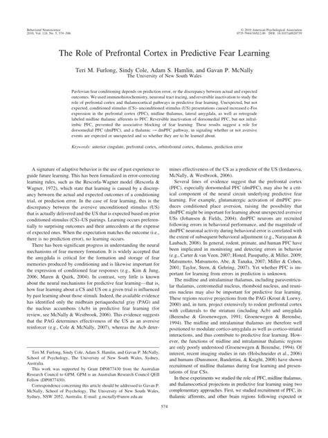 Pdf The Role Of Prefrontal Cortex In Predictive Fear Learning